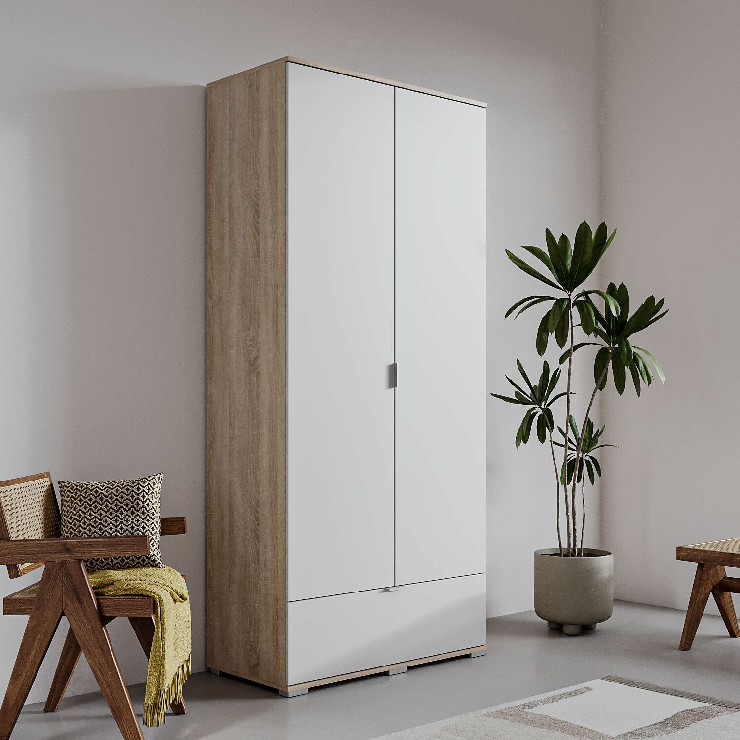 Распашной шкаф для одежды 60х50х240 Дуб Сонома/Белый, Соло 2.1 с полками и штангой