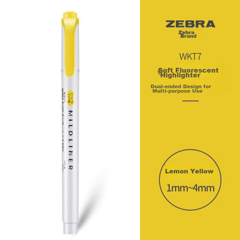 ZEBRA Double-Ended Soft Highlighter, Mildliner Series Single Color Marking Pen, Student Marker, WKT7, Lemon Yellow