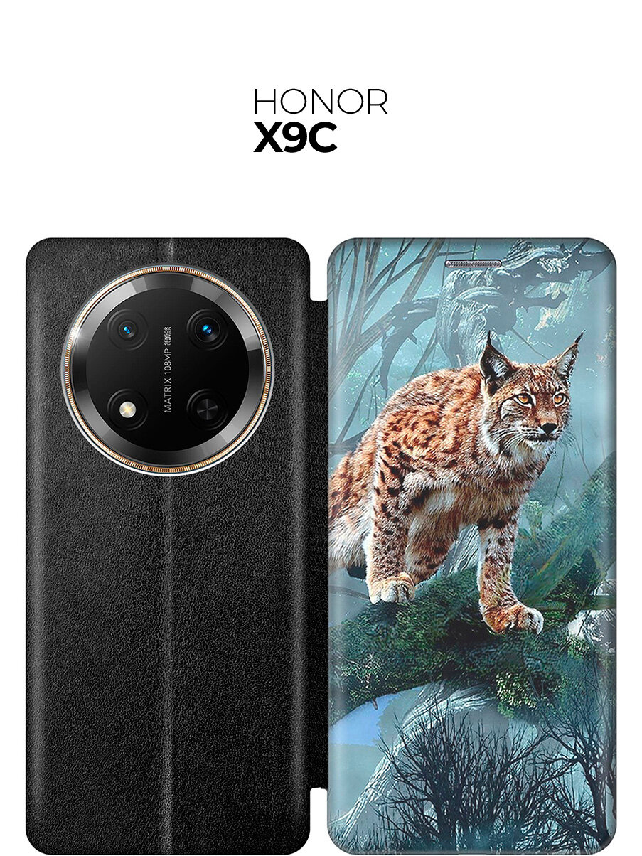 Чехол-книжка на Honor X9C / X60 Pro с принтом "Дикая рысь" черный