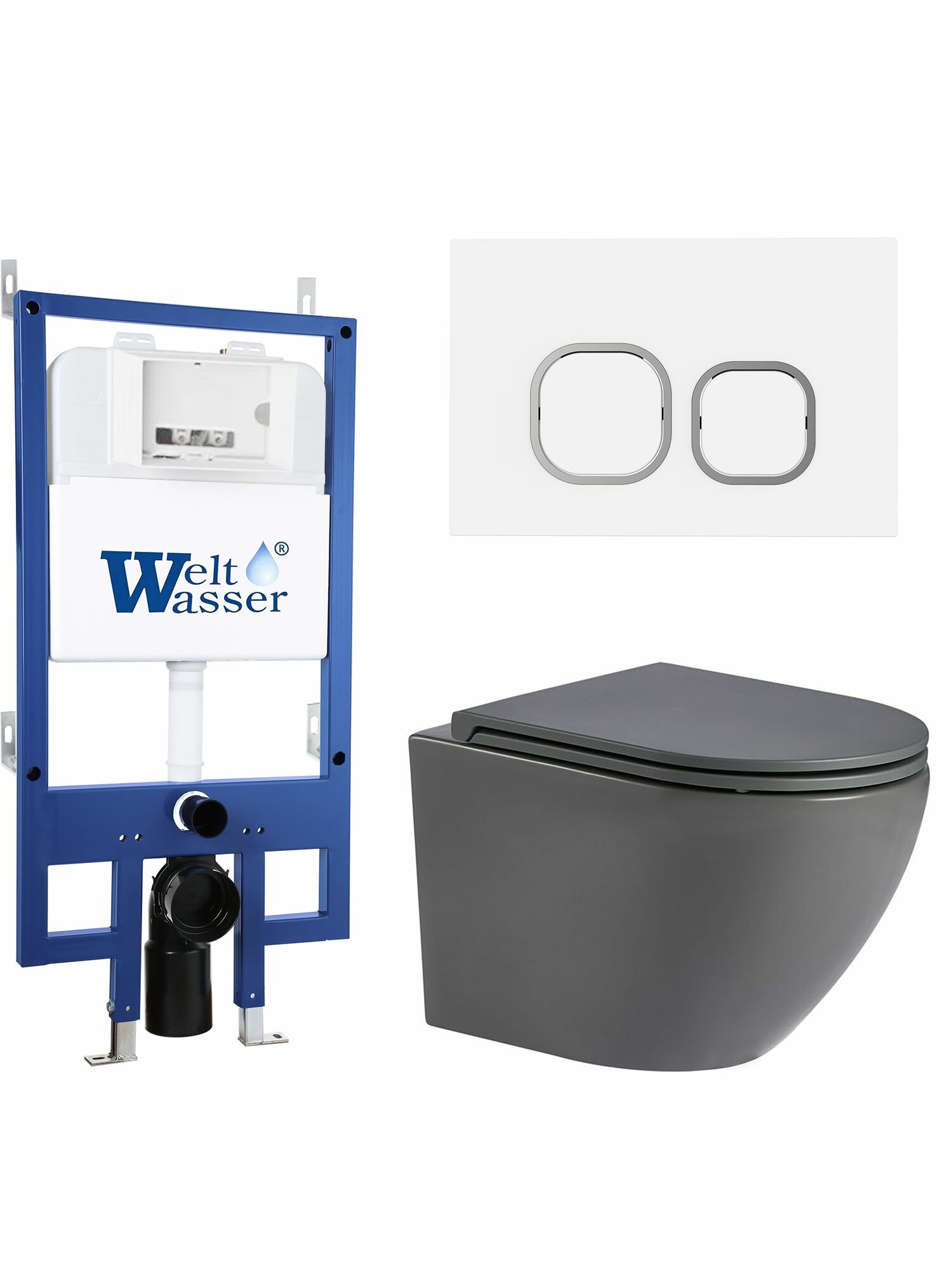 Комплект 6 в 1 WeltWasser: подвесной унитаз MERZBACH 043 MT-GR серый+кнопка смыва BAMBERG WT белый+инсталляция BAMBERG 545
