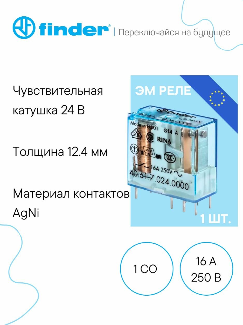 40.61.7.024.0000 FINDER Реле промежуточное 250 В, 16 А, миниатюрное, 1 перекидной контакт, управление 24 В DC, RT II