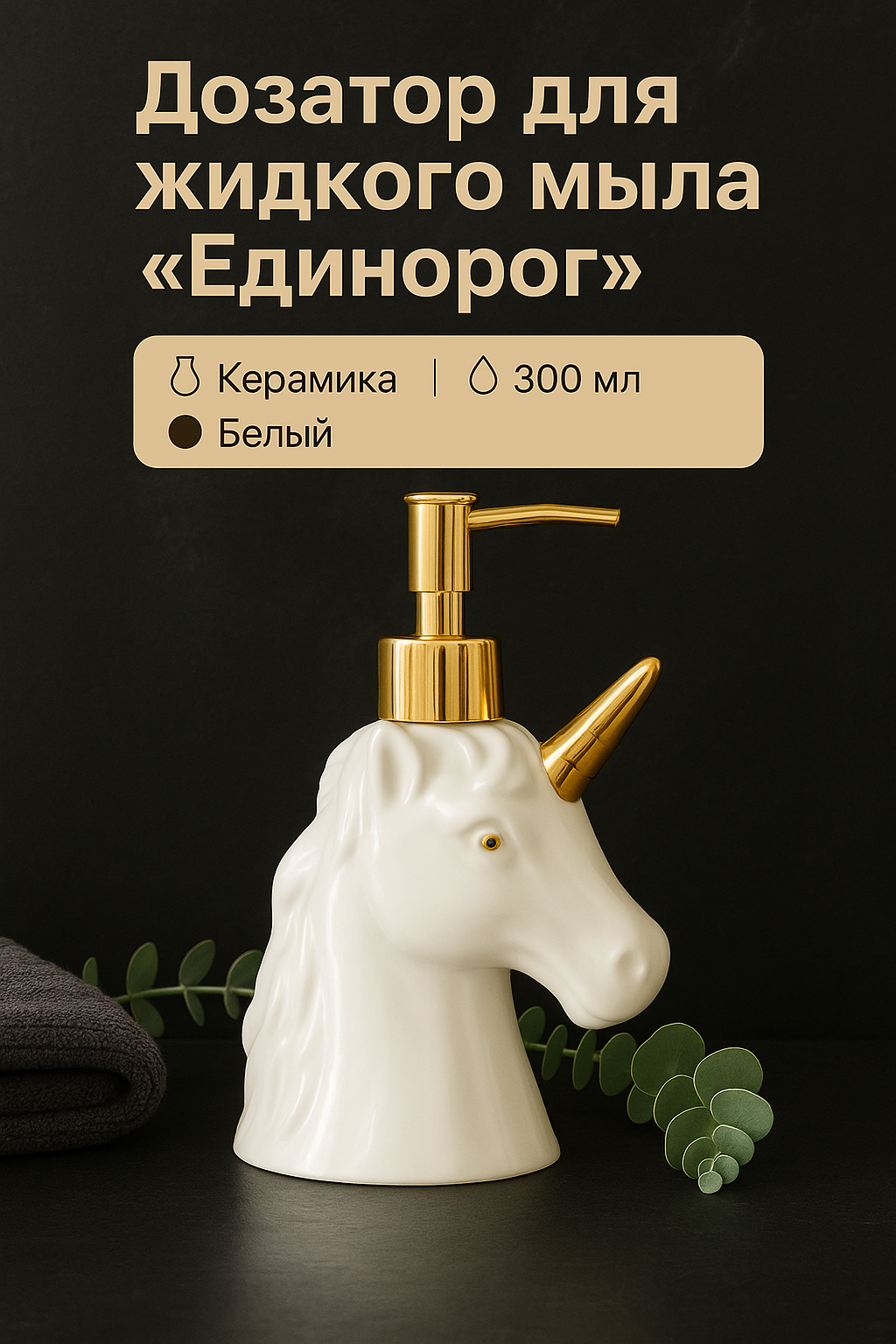 Дозатор для мыла "Единорог" Сима-Ленд, керамика/пластик, 300мл