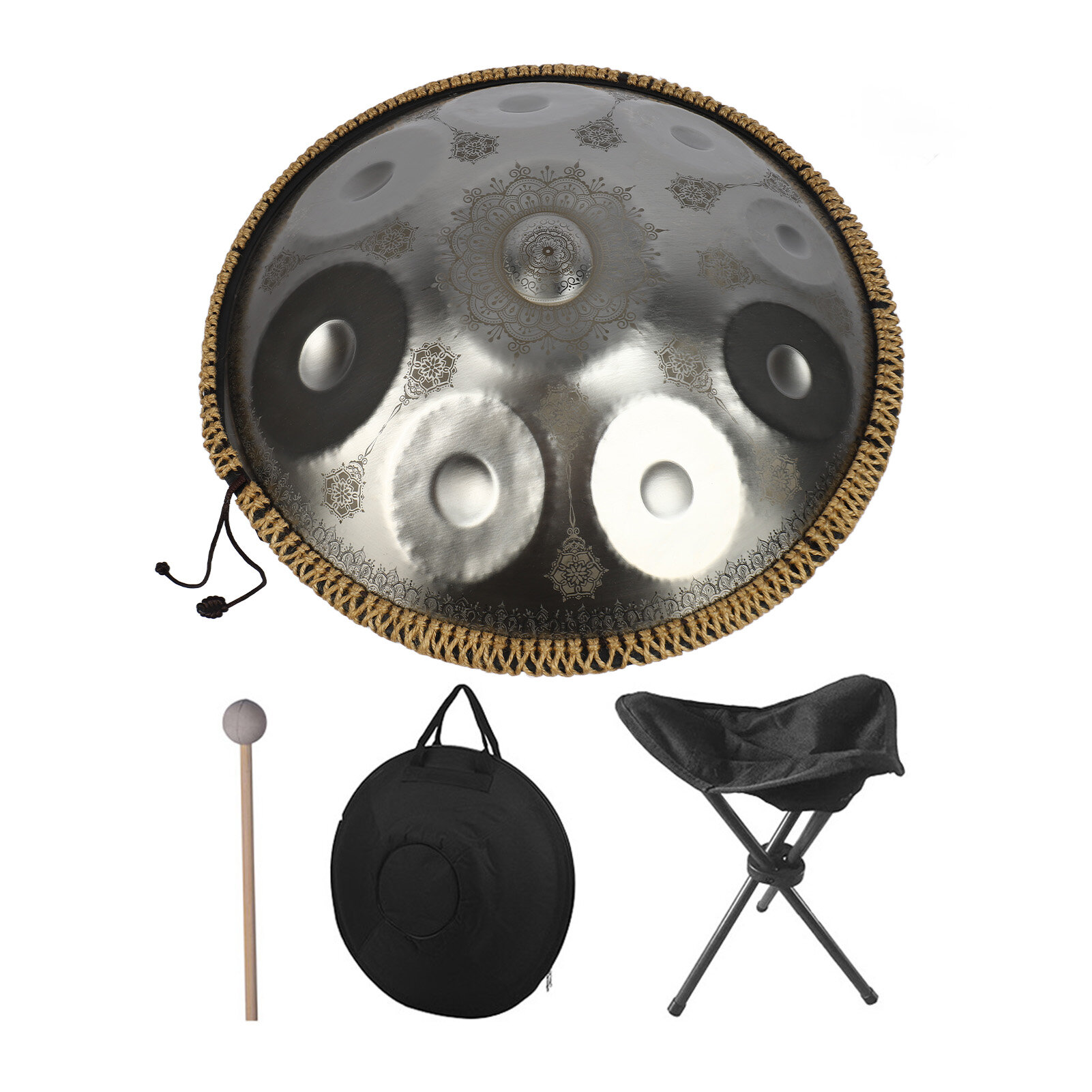 Миниатюрный стальной барабан хангпан в тональности до мажор, 9 нот, 16 дюймов, ударный инструмент из сплава с подставкой для барабанных палочек.