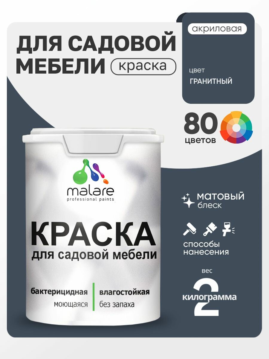 Акриловая краска Malare для садовой мебели/ по дереву, для наружных и внутренних работ/ быстросохнущая моющаяся без запаха матовая, гранитный, 2 кг