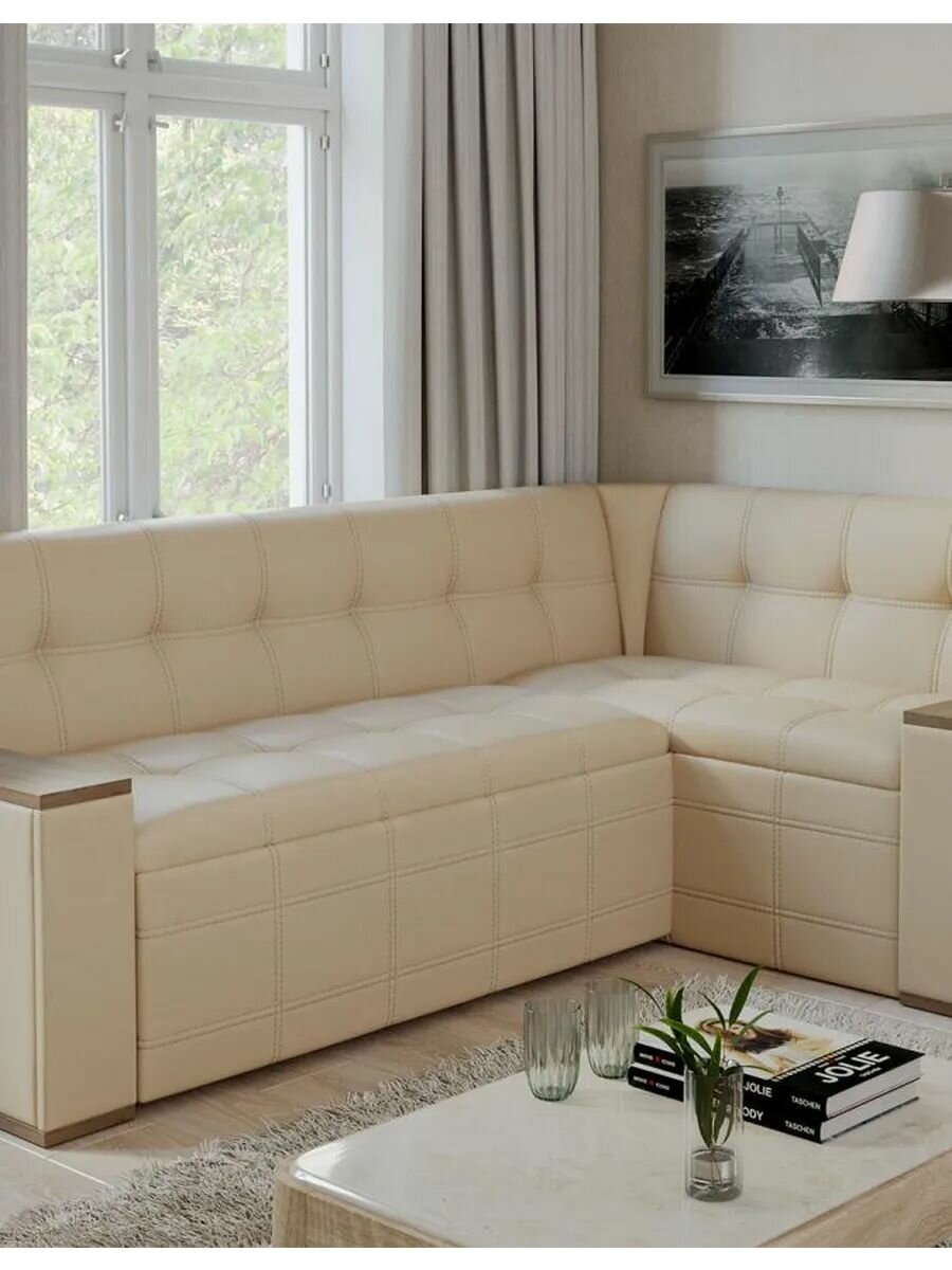 Кухонный диван, уголок Квадро 4 раскладной, с коробом для хранения, с подлокотниками, 126х209х82 см, Дуб сонома трюфель, ЛДСП / Бежевый, экокожа