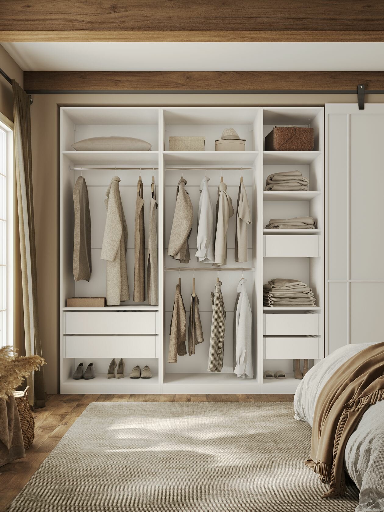 Распашной шкаф для одежды и хранения вещей Стайл с полками, с ящиками, со штангой, без дверей, 210х59х229.3 см, Белый