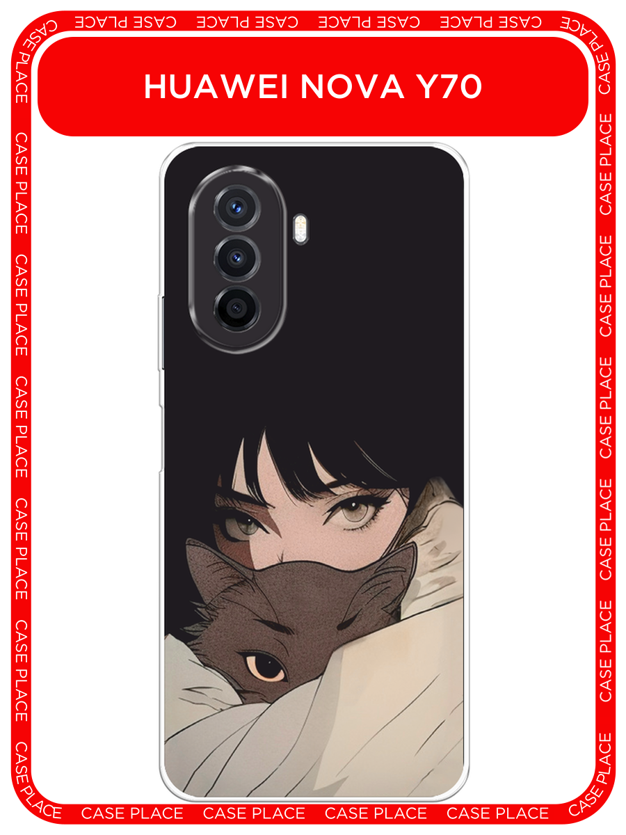 Чехол на Huawei Nova Y70/Y71 / Хуавей Нова Y70/Y71 с принтом Аниме девушка с котиком