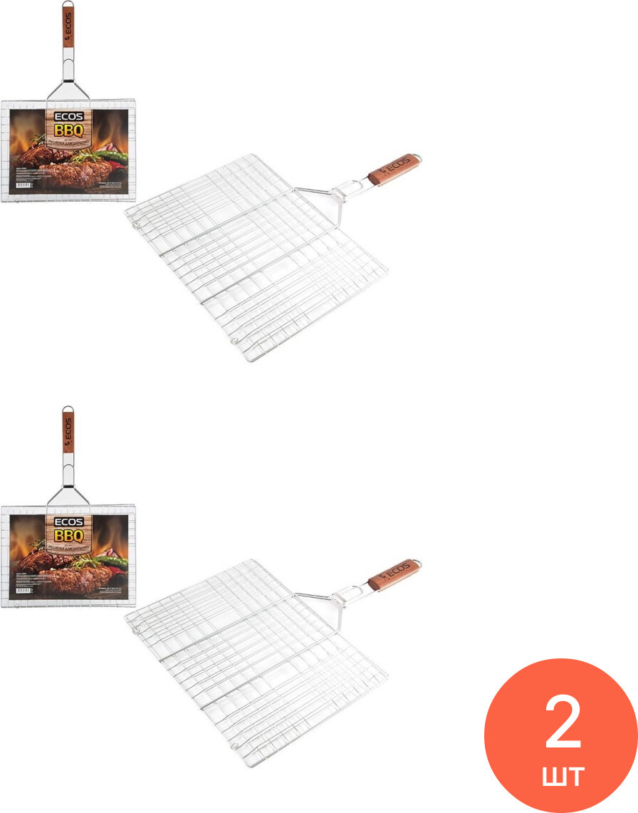 Решетка гриль ECOS / Экос с деревянной ручкой, из металла, 40х30х1.5см / отдых и пикник (комплект из 2 шт)
