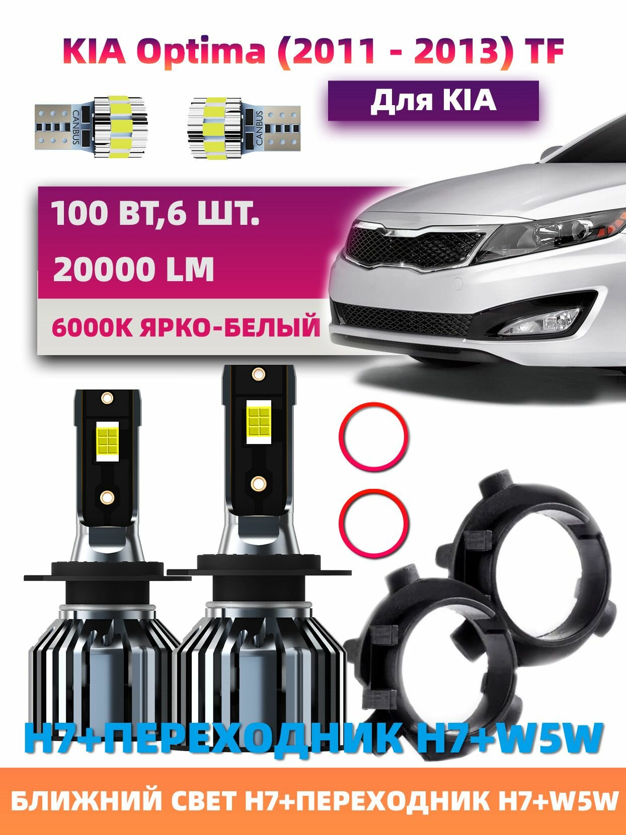 Светодиодные лампы для KIA Optima (2011 - 2013) TF Ближний свет H7 W5W T10