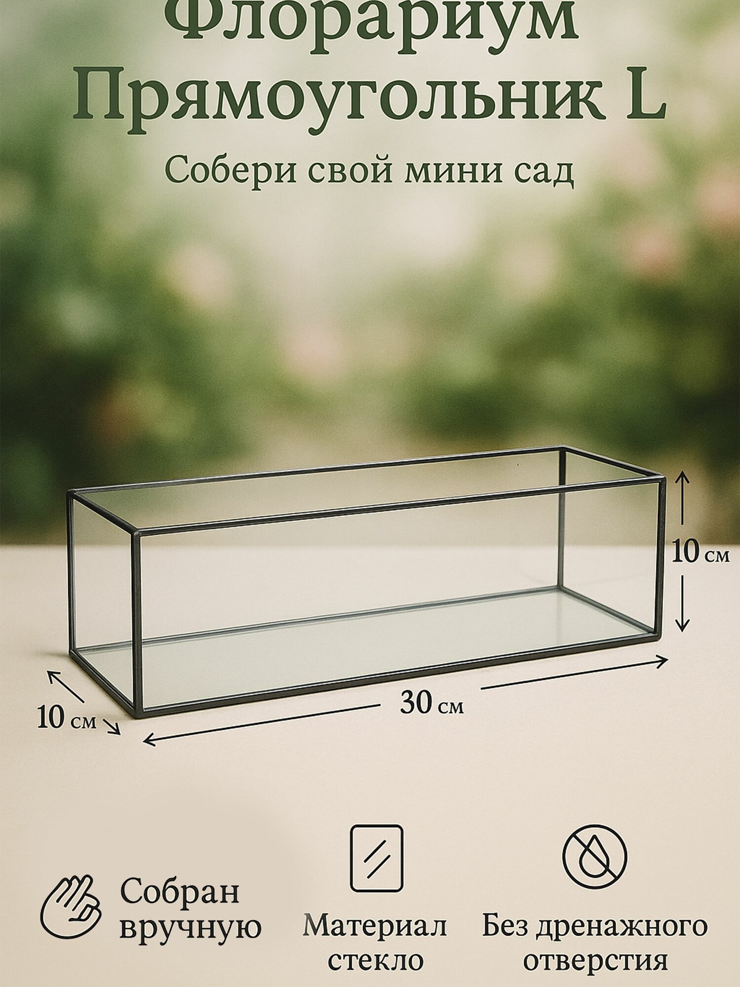 Флорариум (пустое кашпо) Прямоугольник L (Large, большой) 30*10 см