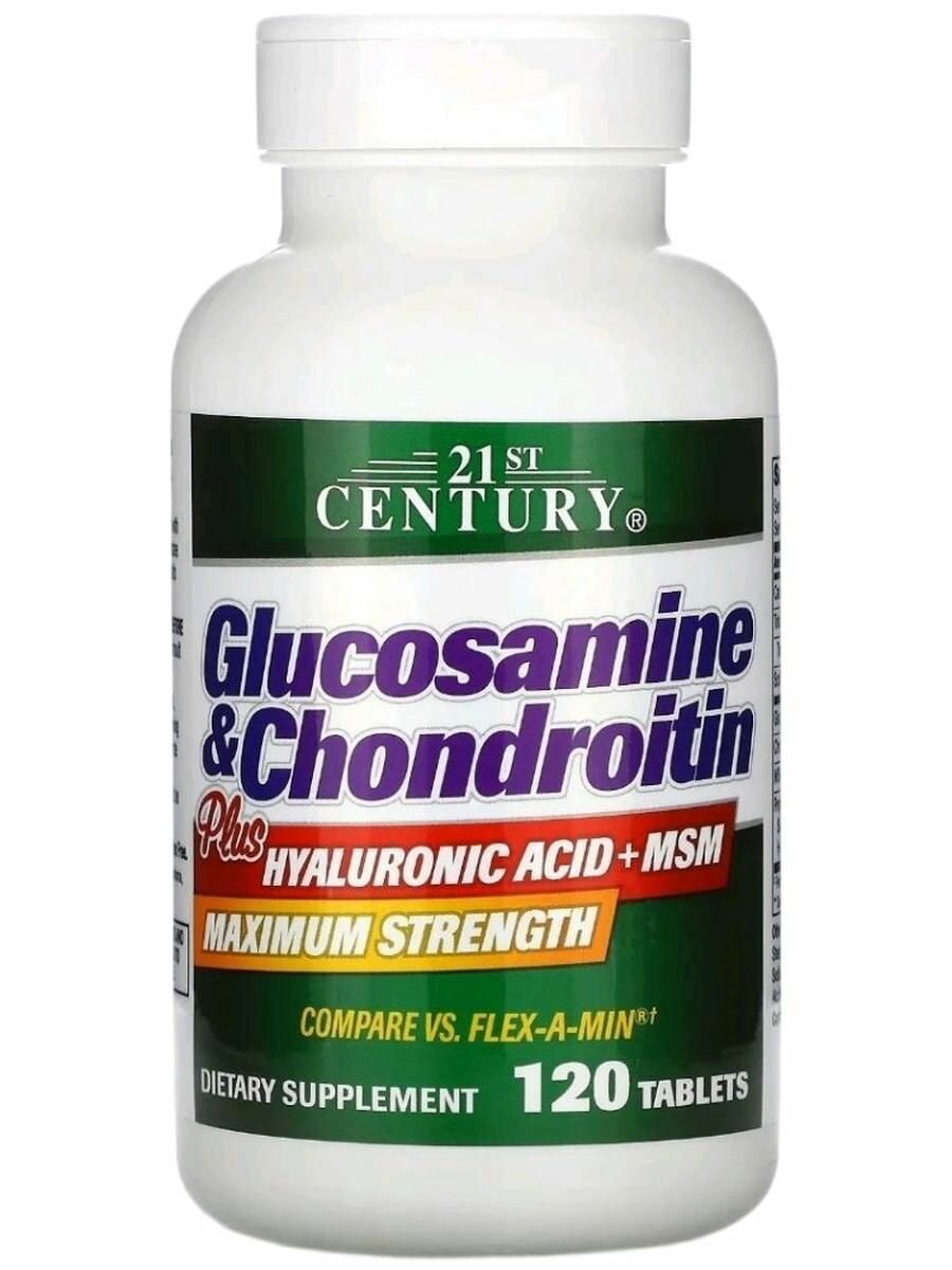 21st Century Glucosamine & Chondroitin Plus Hyaluronic Acid + MSM, Глюкозамин, хондроитин, гиалуроновая кислота и МСМ - 120 таблеток