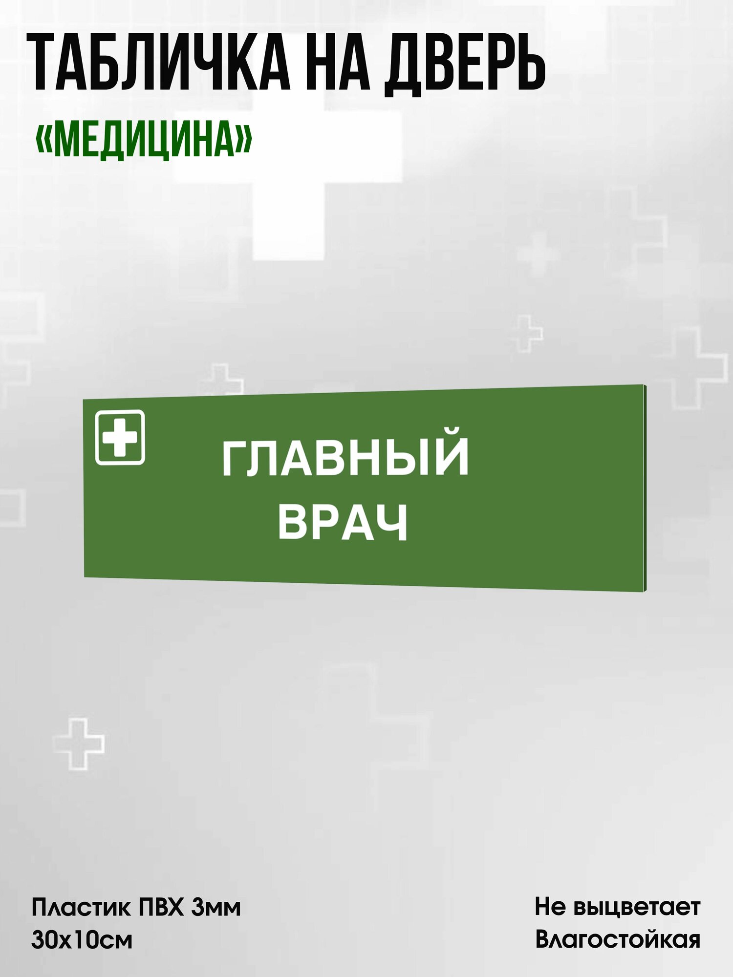 Табличка Главный врач, зеленая, 30х10см, ПВХ пластик, на дверь, для медицинской клиники или больницы