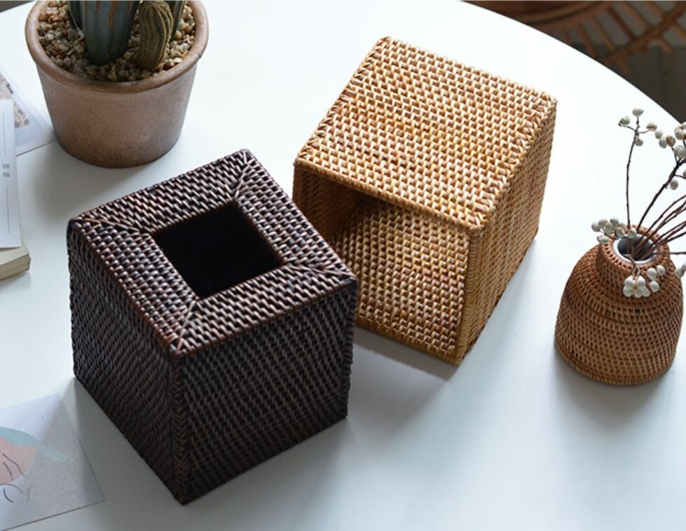 Квадратный ящик для хранения салфеток из ротанга ручной работы 14X14X14CM