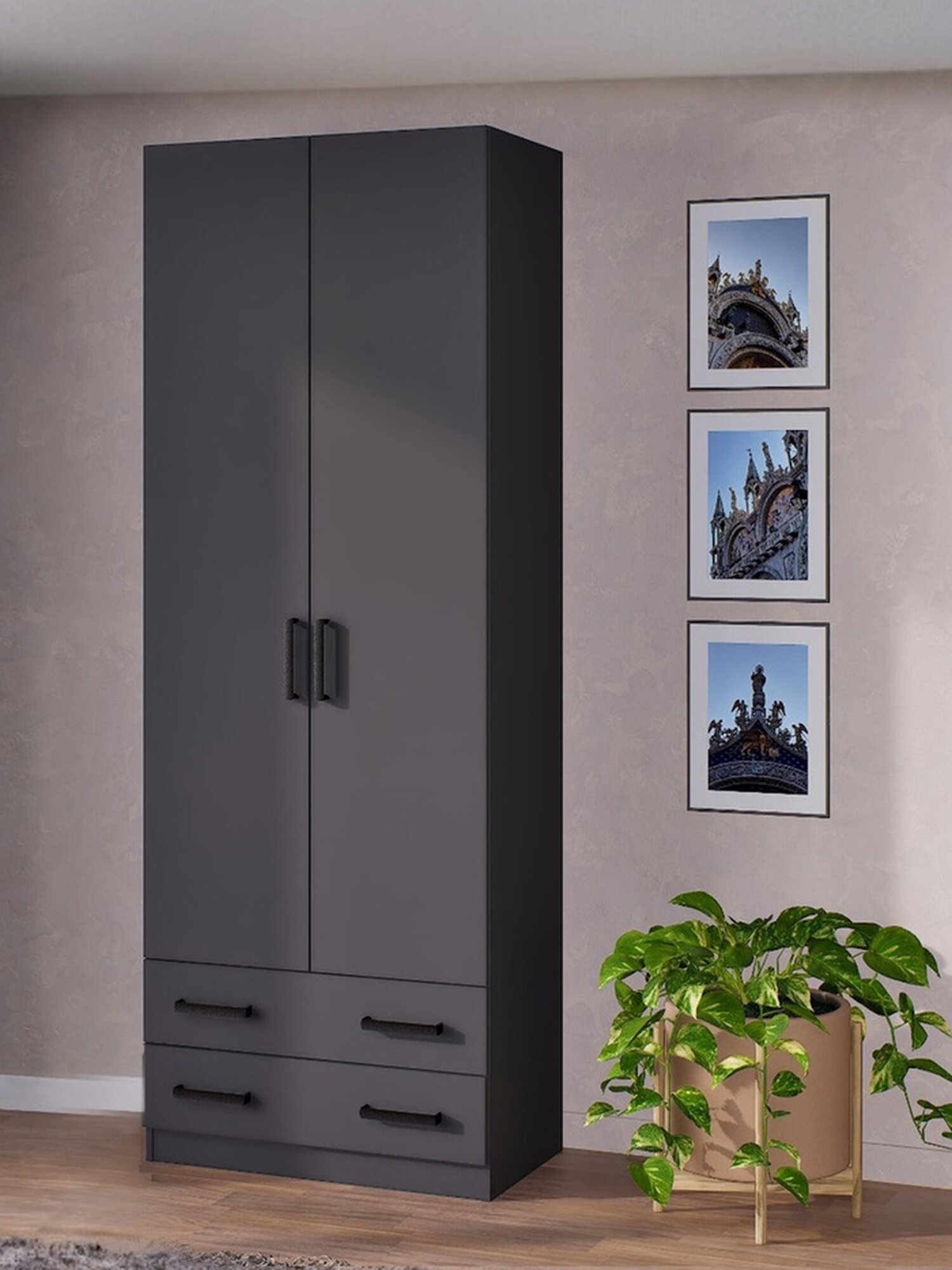 Шкаф Сима-ленд "Дуэт", ЛДСП, распашные двери, 800 x 480 x 2200 мм, серый графит