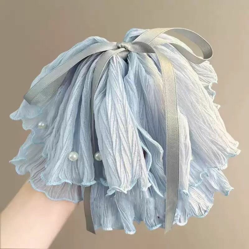 Корейская заколка для волос с синей лентой и бантом из морской соли, украшенная жемчугом, с высоким коронным фиксатором женщин