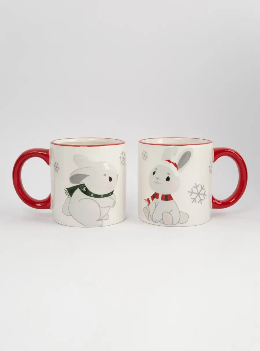 Кружка, детская, 360 мл, 2 шт, керамика, молочно-красная, Зайчики в шарфах, New year