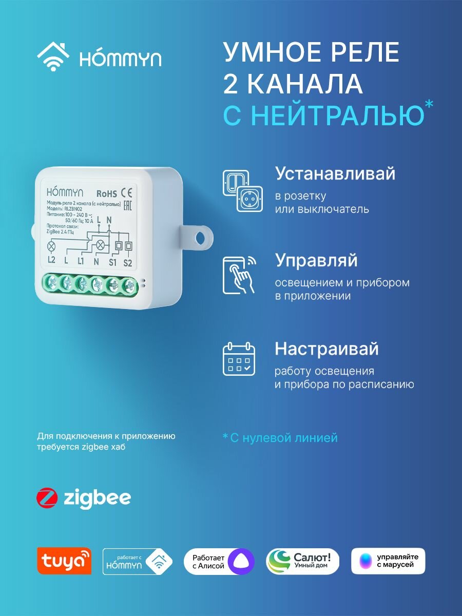 Модуль реле HOMMYN zigbee 2 канала (с нейтралью) RLZBN02