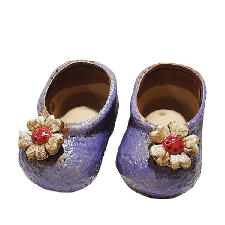 Милый цветочный горшок в виде туфельки, керамический цветочный горшок с рисунком из мультфильма, пара фиолетовых цветочных горшков с рисунком божьей коровки, декоративный мини-цветочный горшок для суккулентов, украшение для дома, балкона, стола, сада