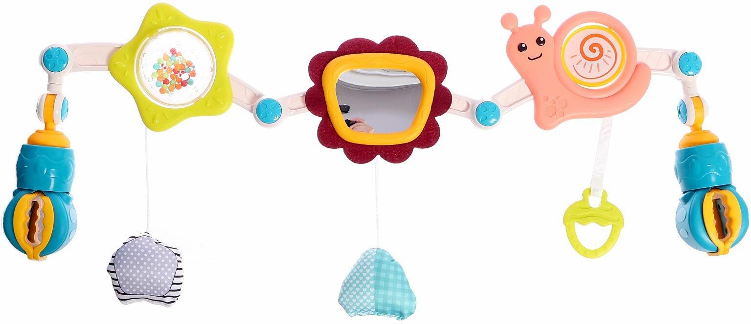 Развивающая пластиковая дуга "Улитка" с подвижными элементами, с погремушкой, прорезывателем и пищалкой, подвеска на кроватку и в коляску, детская игрушка для новорожденных, от 0 месяцев
