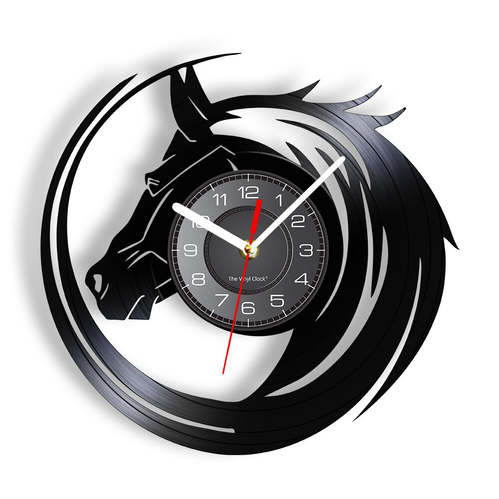 Креативные настенные часы с лошадью | Абстрактный дизайн с изображением дикой лошади | Бесшумные и не тикающие | Часы в стиле виниловой пластинки 30 см | Идеально для гостиной, спальни или офиса