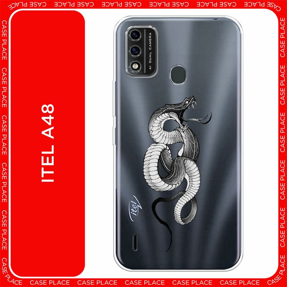 Чехол на Itel A48 / Ител А48 с принтом Монохромная змея рисунок, прозрачный