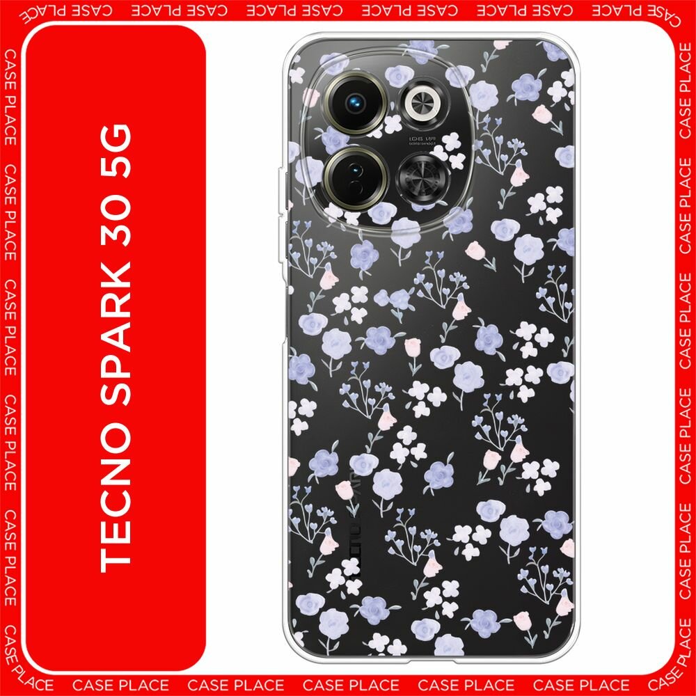 Чехол на Tecno Spark 30 5G / Текно Спарк 30 5G с принтом "Сиреневые розы паттерн", прозрачный