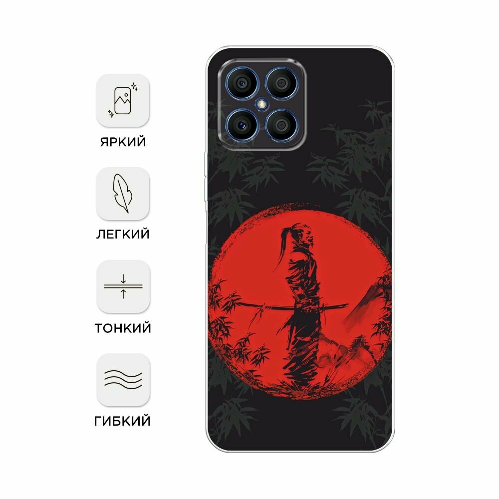 Чехол на Honor X8 / Хуавей X8 с принтом "Самурай на красном фоне" — фото 1