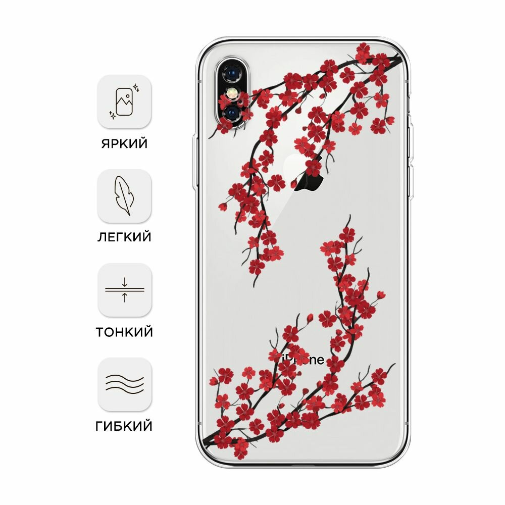 Чехол на Apple iPhone XS Max / Айфон XS Max с принтом "Красная сакура", прозрачный — фото 1