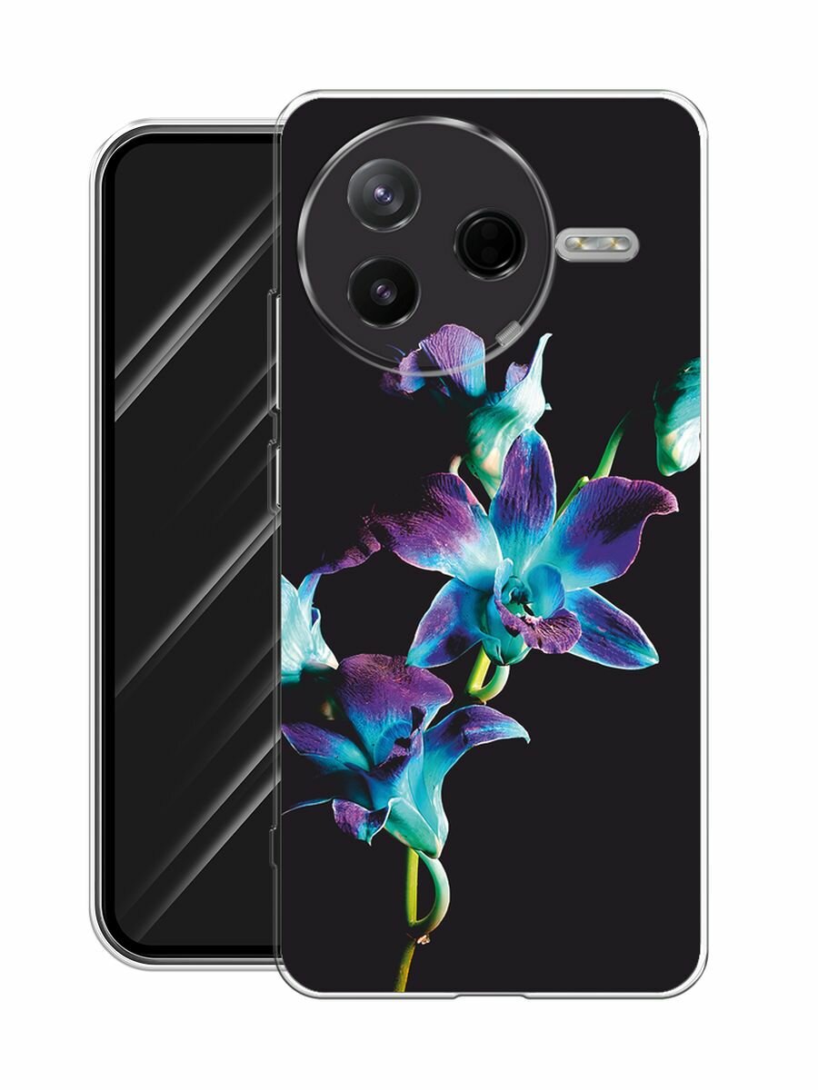 Чехол на Poco F7 Pro / Поко F7 Про с принтом "Синий цветок на черном" — фото 1