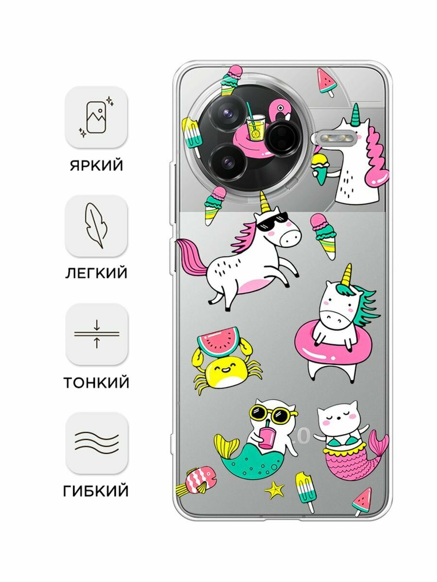 Чехол на Poco F7 Pro / Поко F7 Про с принтом "Единороги в отпуске", прозрачный — фото 1