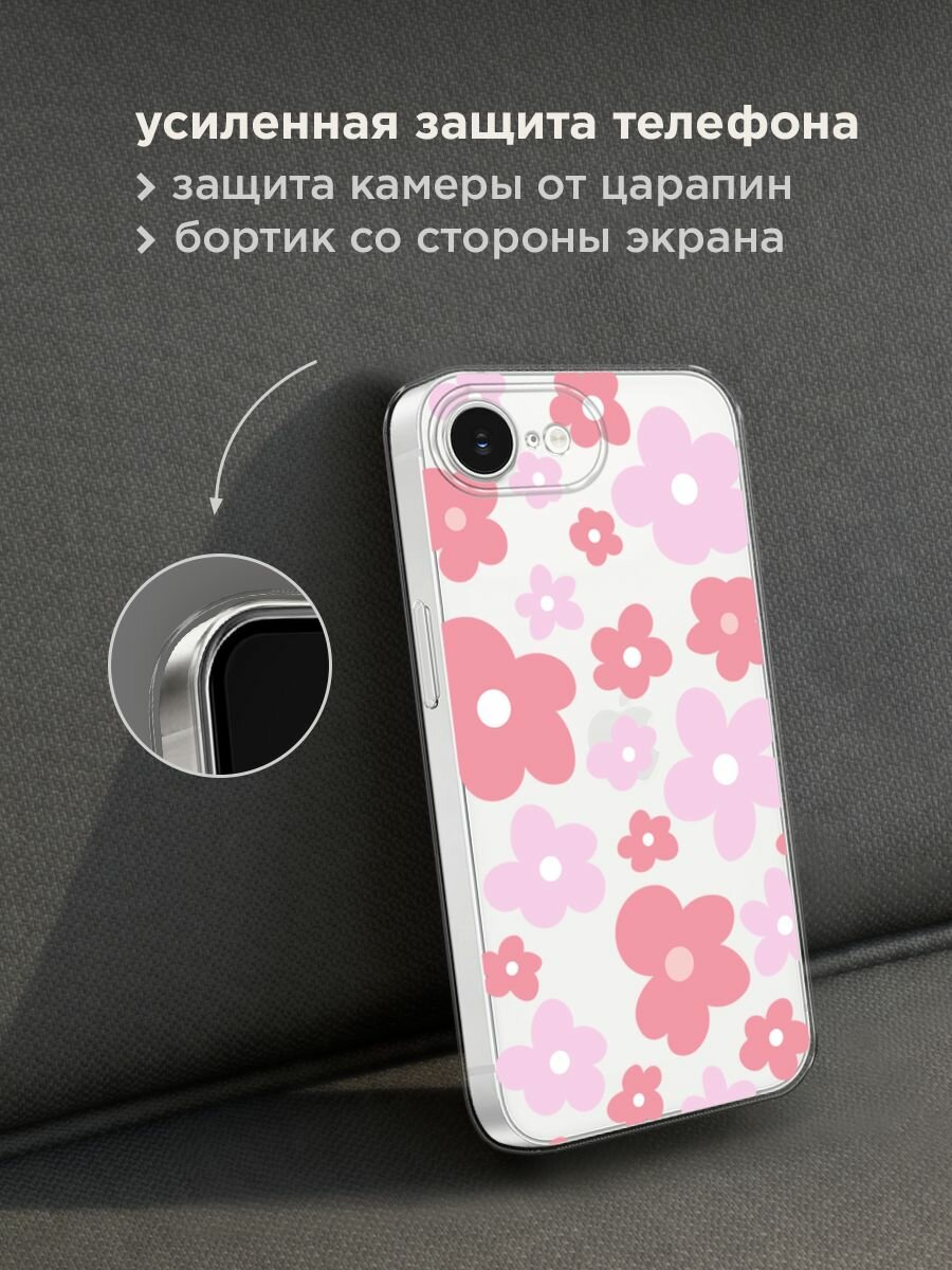 Чехол на Apple iPhone 16e/17e / Айфон 16е/17e с принтом "Нежные розовые цветочки рисунок", прозрачный — фото 1