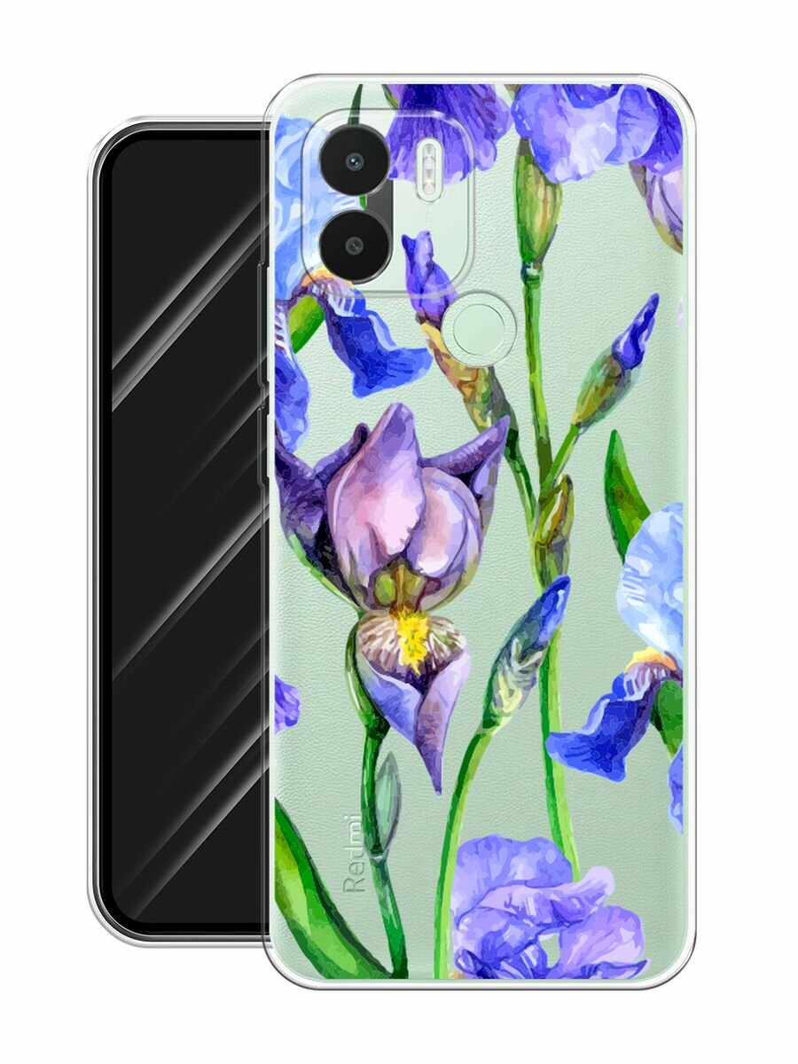 Чехол на Xiaomi Redmi A1+/Redmi A2+/Poco C51/C50 / Редми A1+ с принтом "Синие ирисы", прозрачный — фото 1