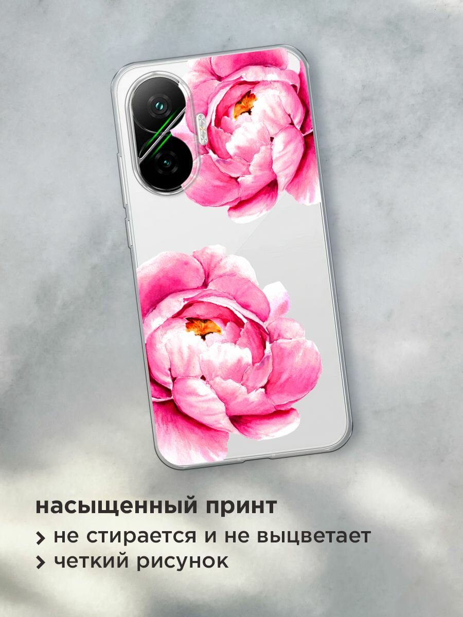 Чехол на Poco F7 / Поко F7 с принтом "Open peonies", прозрачный — фото 1