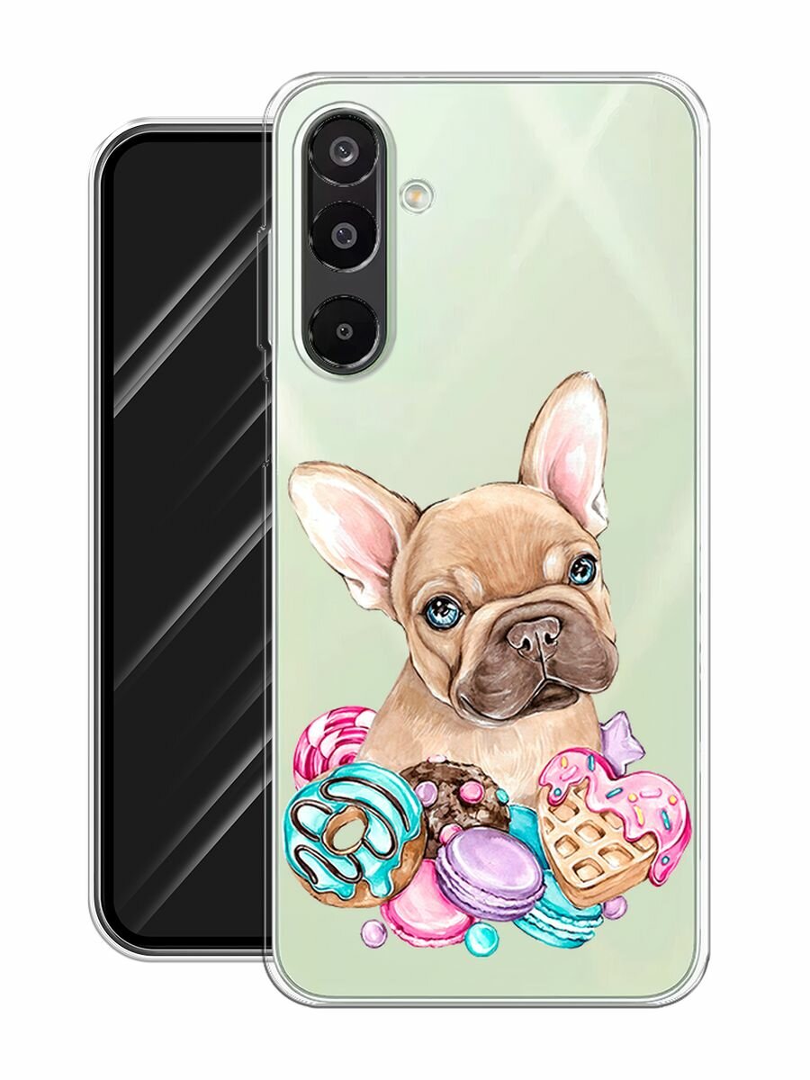 Чехол на Samsung Galaxy M16 / Самсунг Галакси М16 с принтом "Бульдог и сладости", прозрачный — фото 1