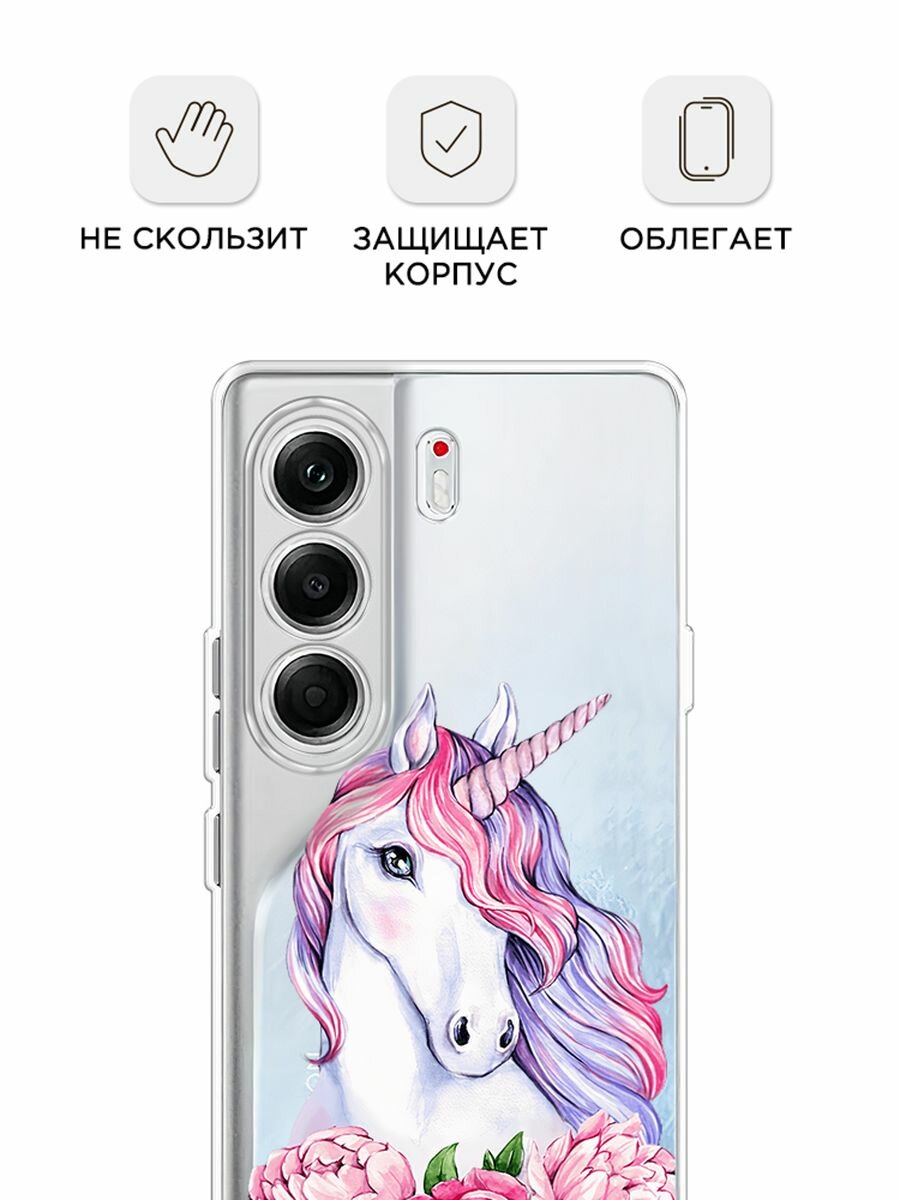 Чехол на Tecno Camon 40 Pro / Текно Камон 40 Про с принтом "Единорог с пионами", прозрачный — фото 1