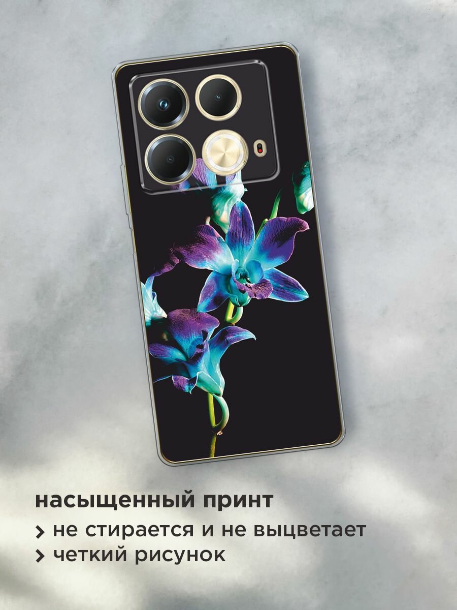 Чехол на Infinix Note 40 / Инфиникс Нот 40 с принтом "Синий цветок на черном" — фото 1