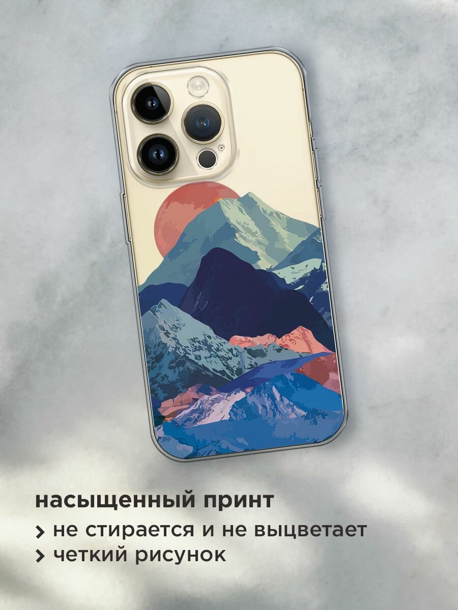 Чехол на Apple iPhone 14 Pro / Айфон 14 Про с принтом "Закат в снежных горах", прозрачный — фото 1