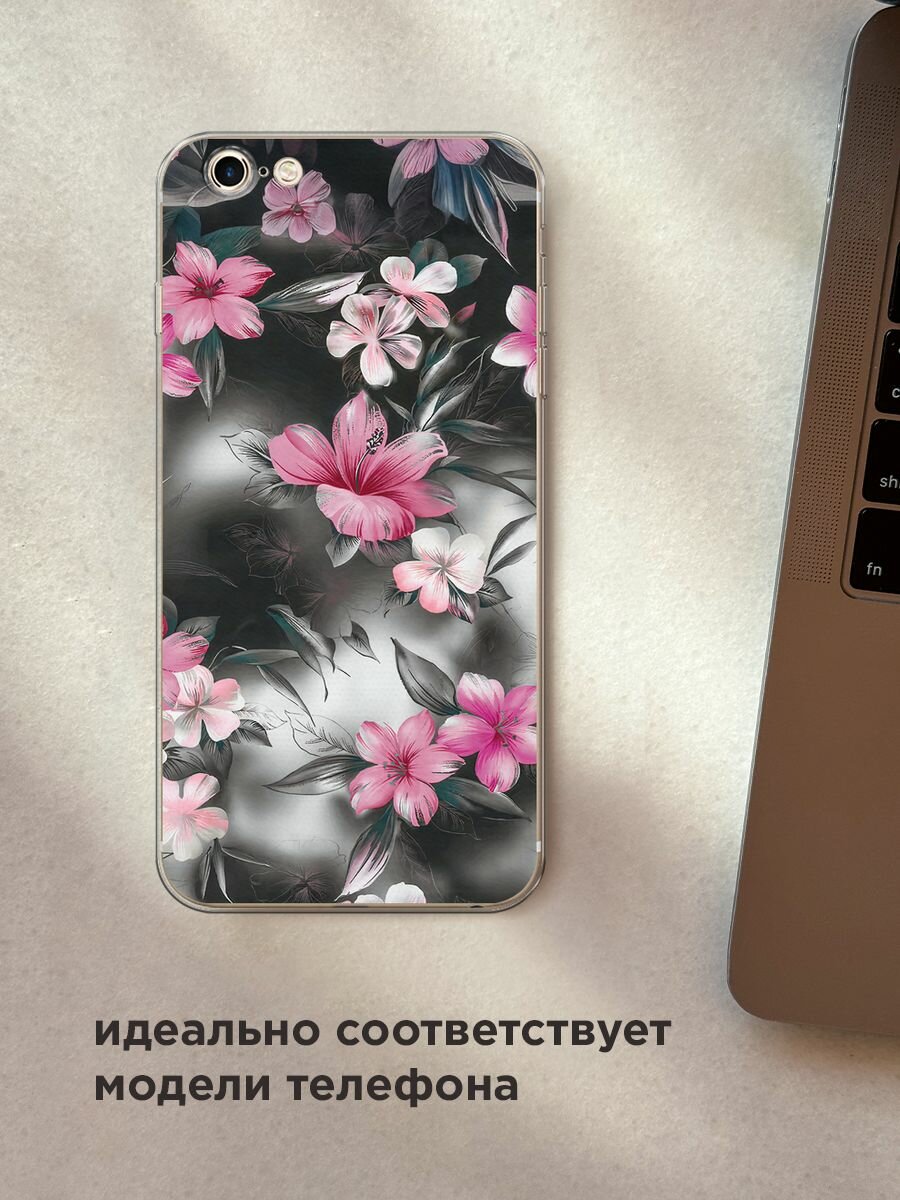 Чехол на Apple iPhone 6 Plus/6S Plus / Айфон 6 Плюс/Айфон 6С Плюс с принтом "Цветы на сером" — фото 1