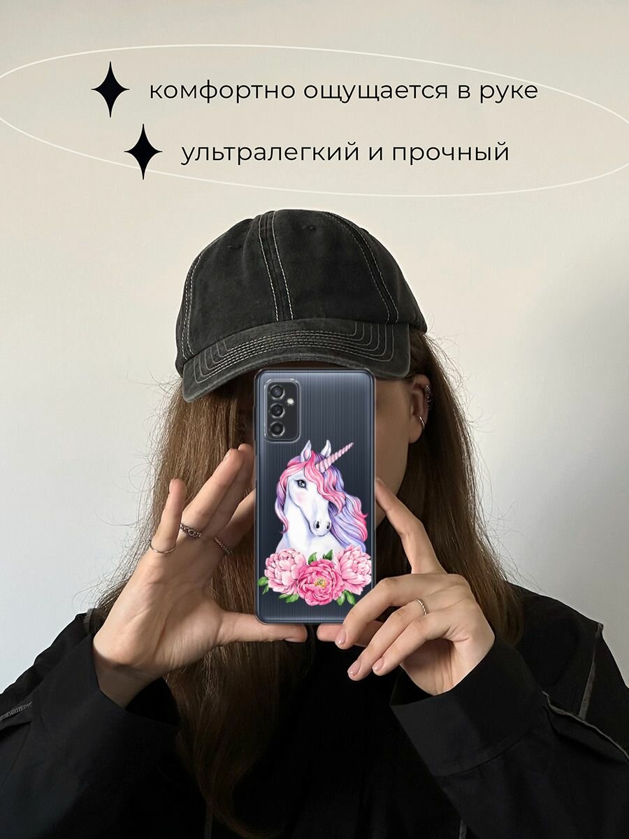 Чехол на Samsung Galaxy M52 / Самсунг Галакси M52 с принтом "Единорог с пионами", прозрачный — фото 1