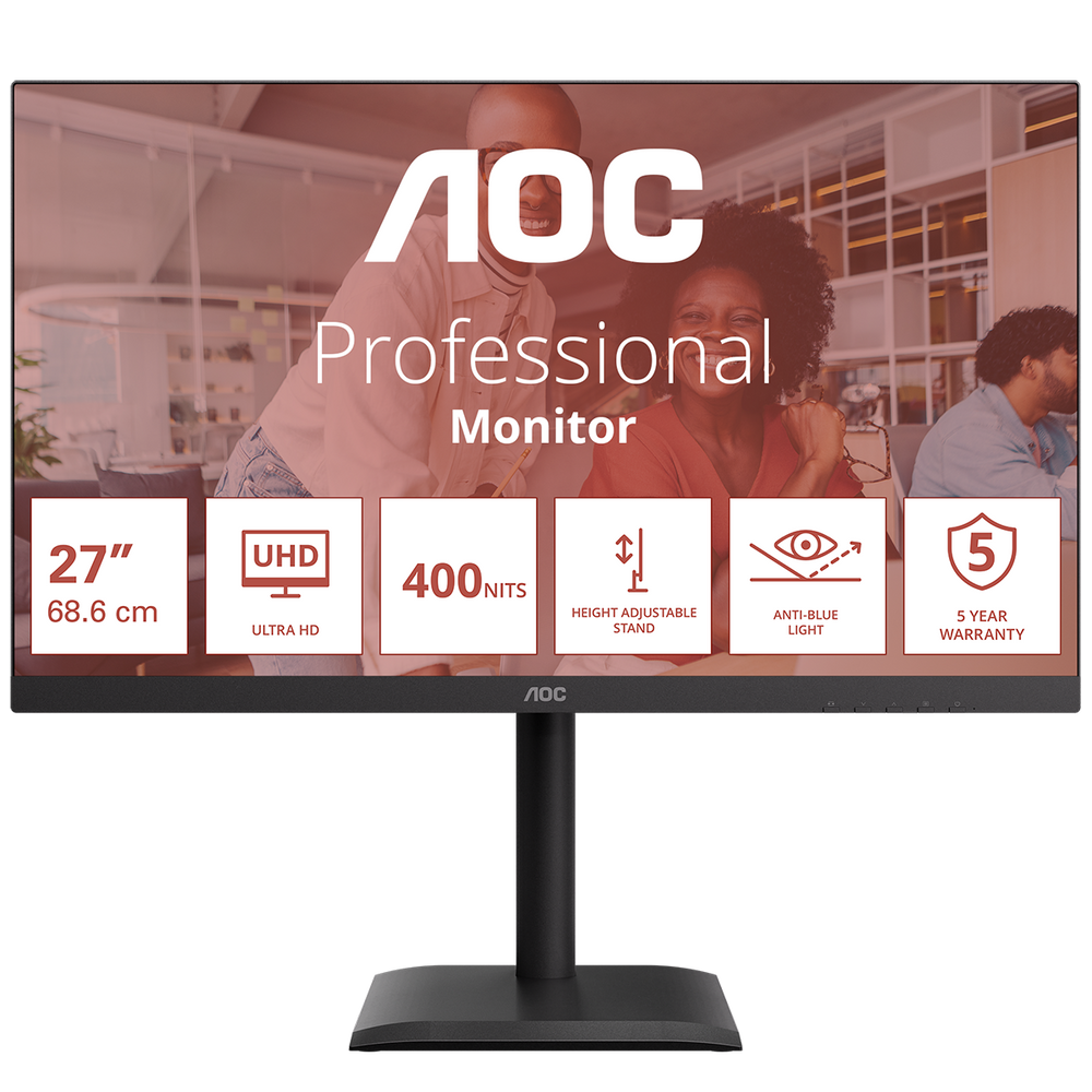 Монитор 27" AOC U27E4CV Black (4K, IPS, 3840x2160, 60Hz, 4 ms, 178°/178°, 400 cd/m, +2xHDMI 2.0, +DisplayPort 1.4, DP Out, USB, USB-C, LAN, SPK, Pivot)
