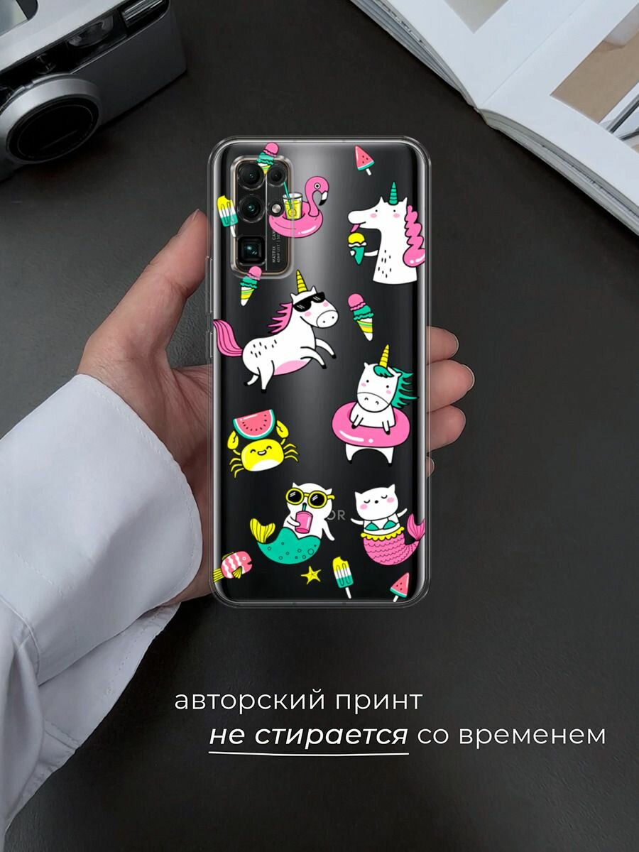 Чехол на Honor 30 / Хонор 30 с принтом "Единороги в отпуске", прозрачный — фото 1