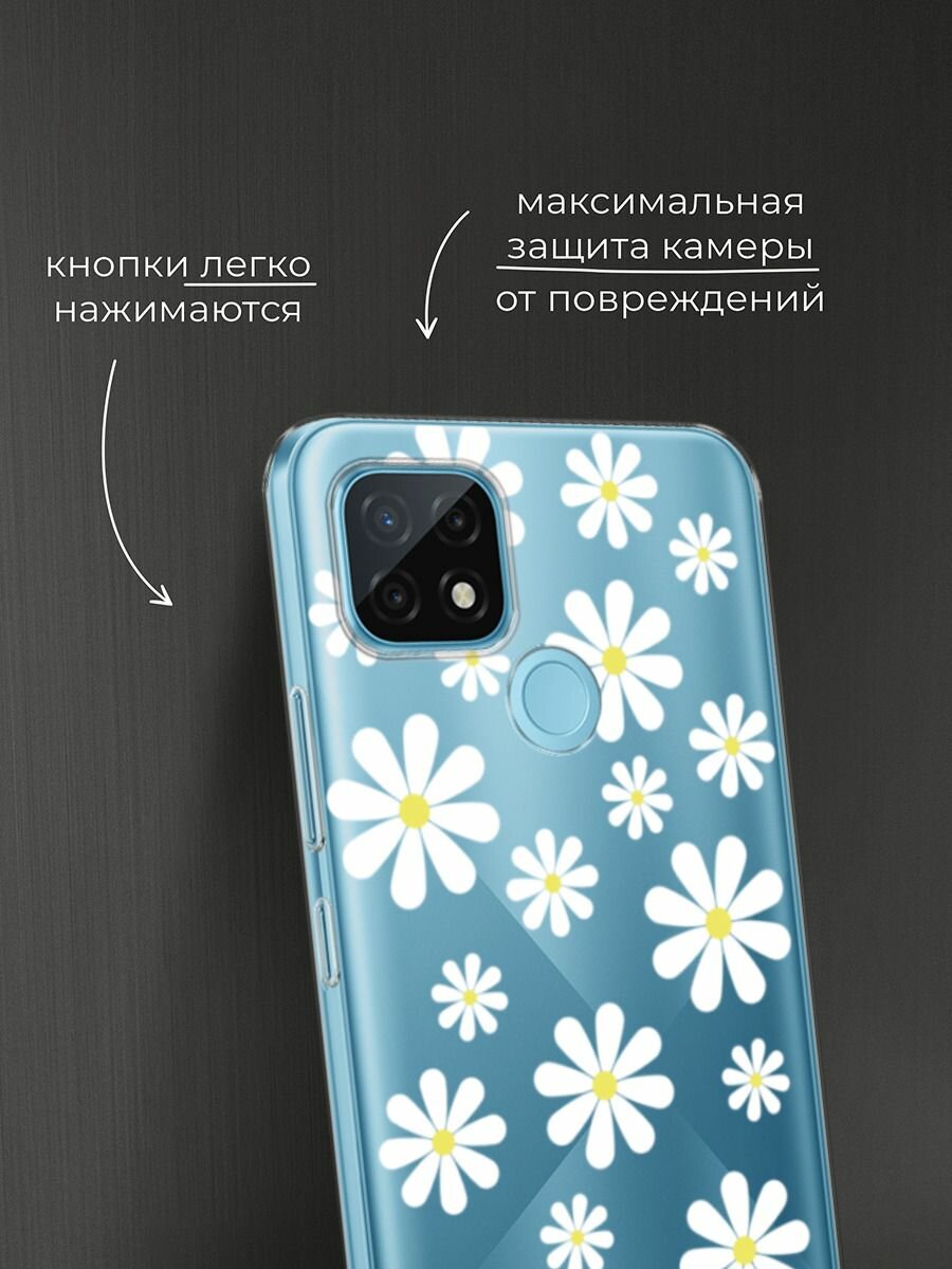 Чехол на Realme C21 / Реалми С21 с принтом "Большие ромашки", прозрачный — фото 1