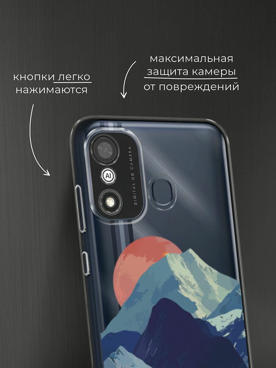 Чехол на Itel A27 / Ител А27 с принтом "Закат в снежных горах", прозрачный — фото 1