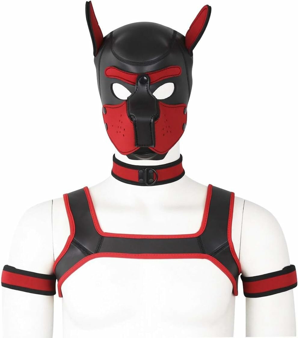 БДСМ/косплей комплект из 4 предметов: маска для головы взрослой собаки (кожаная) + нагрудный ремень + повязка на руку + рукав на шею