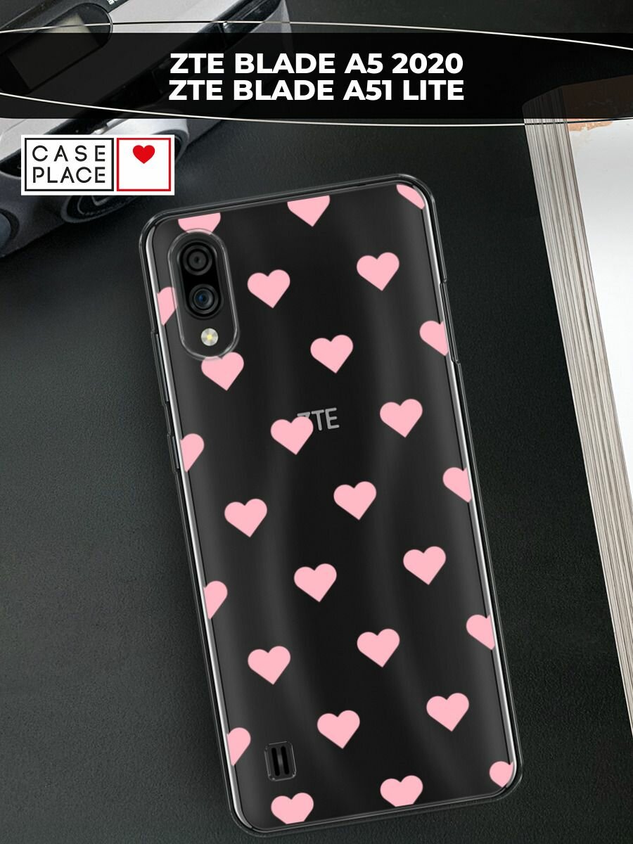 Чехол на ZTE Blade A51 lite/A5 (2020) / ЗТЕ Блэйд А51 Лайт/А5 2020 с принтом "Паттерн нежные сердечки 2", прозрачный