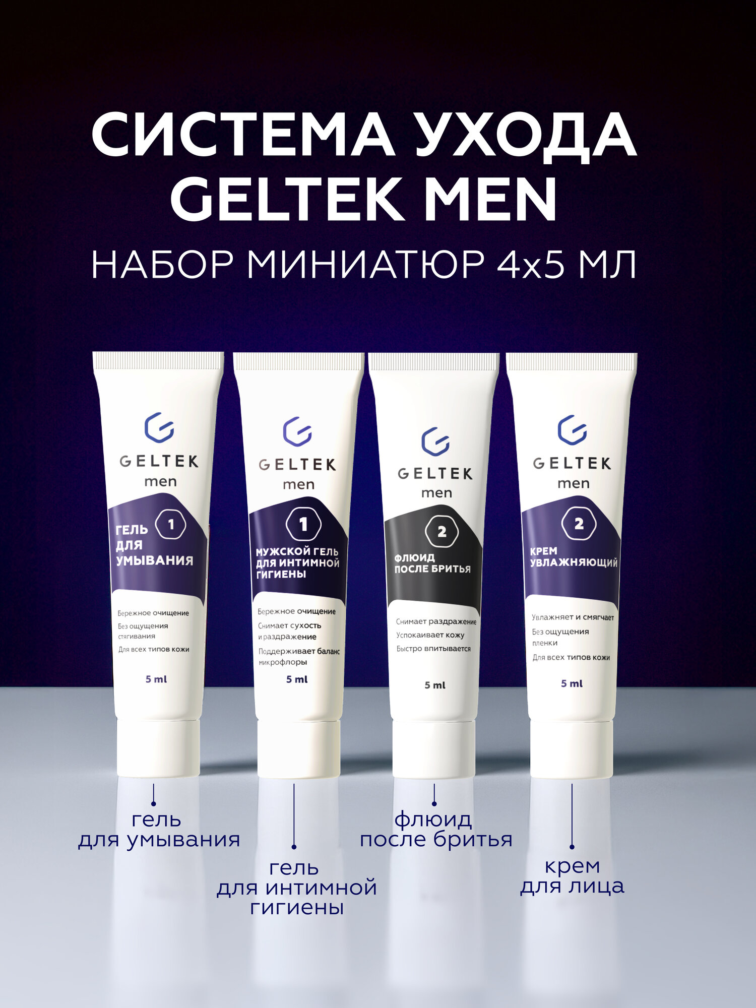 Гельтек Набор миниатюр "Мужской уход 4в1": крем, флюид после бритья, гель для умывания и для интимной гигиены Geltek Men