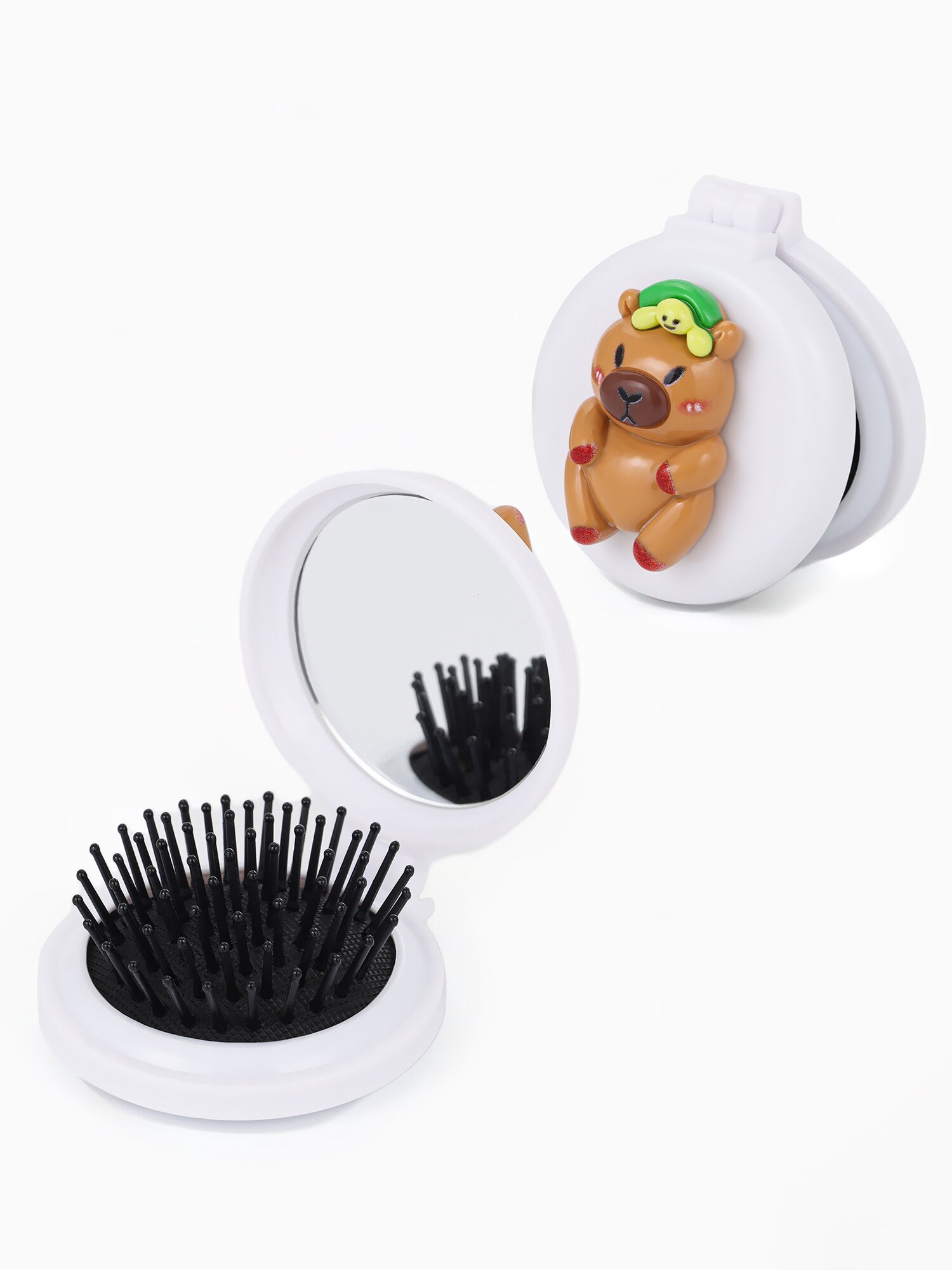 Расчёска массажная, складная "Капибара" с зеркалом, диаметр 6.5 см, цвет белый