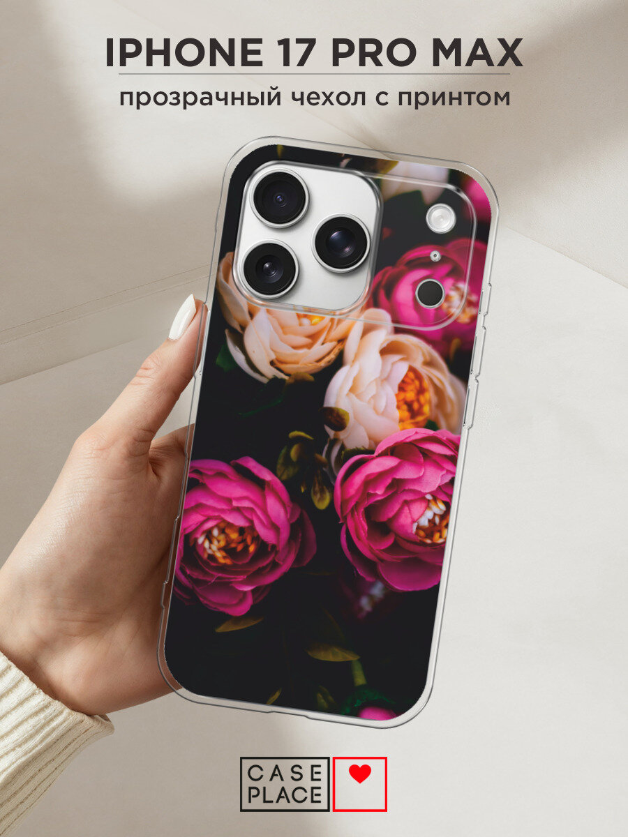 Чехол на Apple iPhone 17 Pro Max / Айфон 17 Про Макс с принтом Розовые пионы на черном