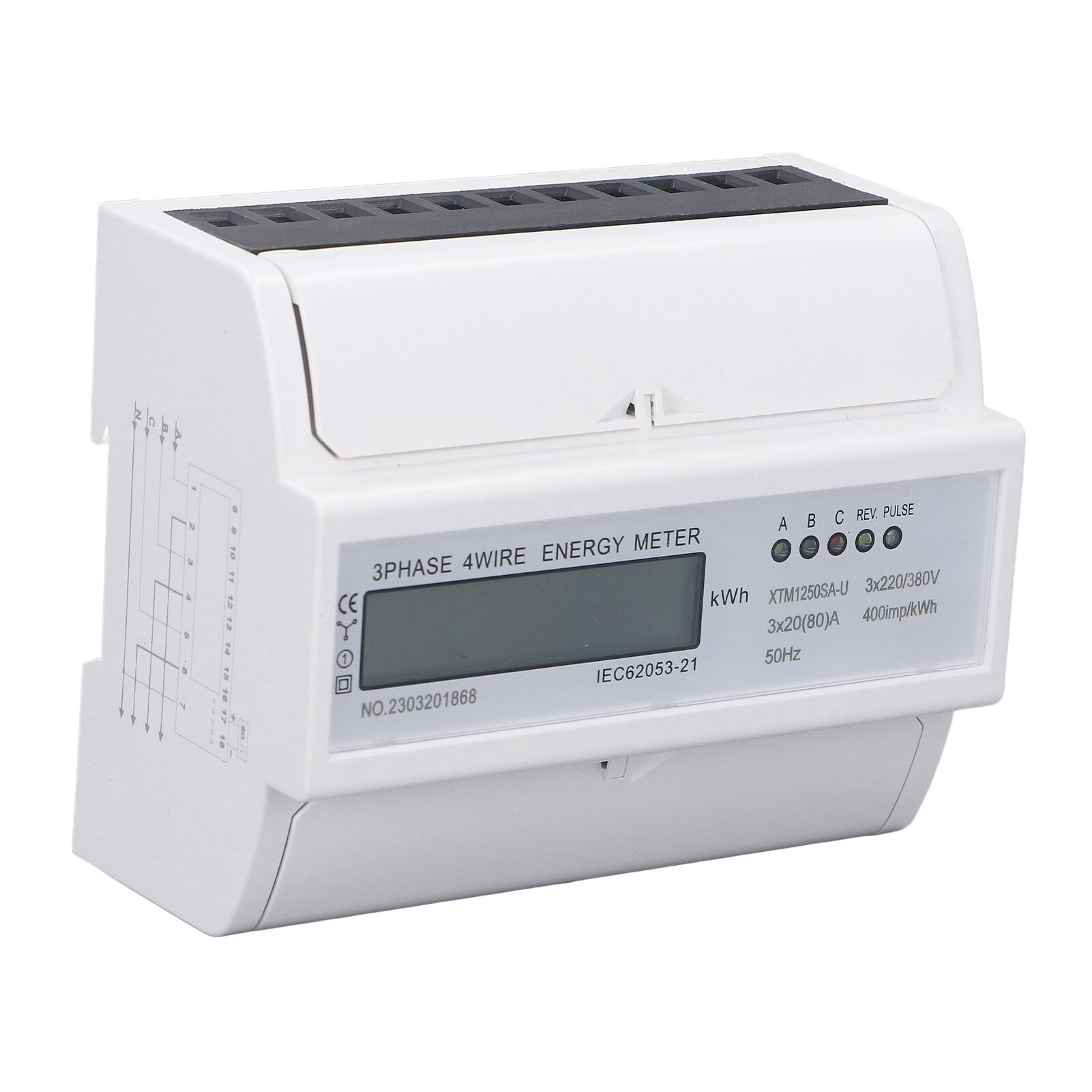 Электрический счетчик 3-фазный 4-проводный 7P LCD цифровой дисплей DIN-монтаж монитора электроэнергии, XTM1250SA-U, 3 x 220V/380V 50Гц