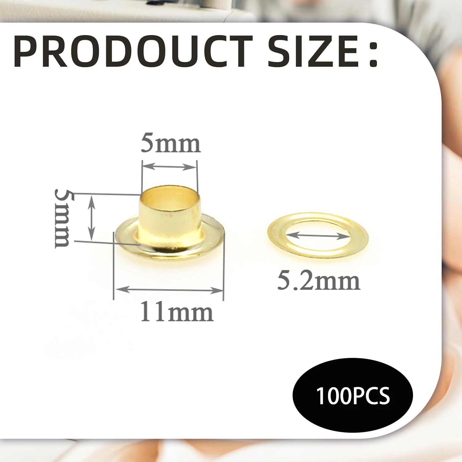 Металлические люверсы для кожи 3мм, 4мм, 5мм Бежевый, 5mm Gold